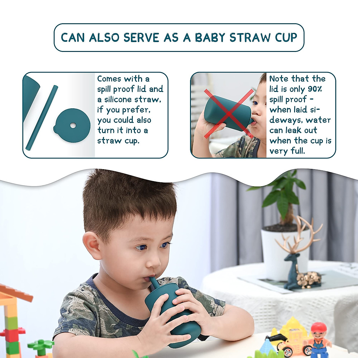 JOYIT Silicone Toddler Open Cup with Straw, Silicone Open Mouth Cup for Baby 6 oz, Baby Training Cup (Hamburger-Ocean Blue)