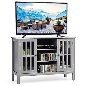Tangkula TV Stand, Modern Tall Entertainment Center for TVs up to 50", Media Console w/2 Storage Cabinets & 3 Open Shelves, Wire Hole, Wood TV Console Table for Living Room, Grey