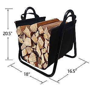 AMAGABELI GARDEN & HOME Fireplace Log Holder with Canvas Firewood Rack Indoor Tote Carrier Metal Wood Rack Black Firewood Holders Storage Heavy Duty Logs Stacker Basket with Handles Kindling