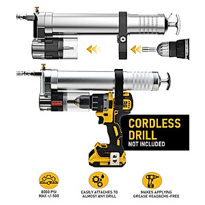 ATIVERE Electric Grease Gun Drill Adapter with 14 OZ Load, Locking Grease Gun Coupler, 12 Inch High Pressure Hose, Extension Rigid Pipe, Pneumatic Tool, Universal Conversion Gun Head