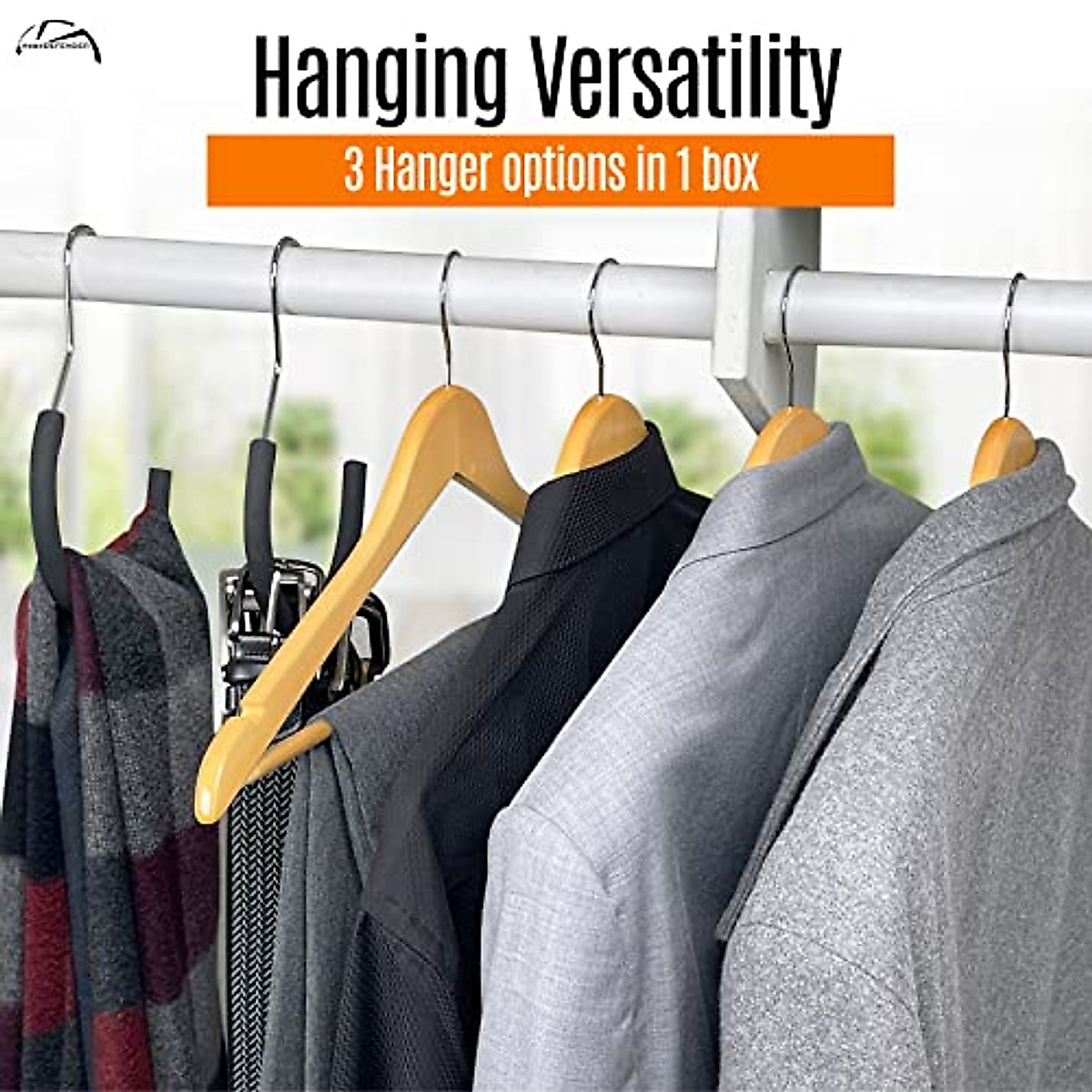 Wooden Hangers 20 Pack- Extras Included- 5 Shoulder Shapers - 2 Bag or Scarf Hangers- 3 Hanger Options in 1 Box- Non-Slip Pants Bar, Rotating Hook, Rounded Notches- Great Suit Hangers- 27 Total Pieces