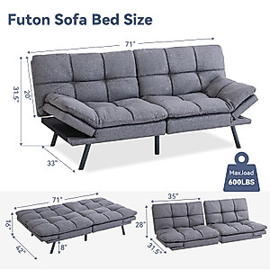Hcore Convertible Splitback Futon Sofa Bed for Living Room, Office, Apartment - Memory Foam Sleeper Loveseat, Modern Small Couch in Grey