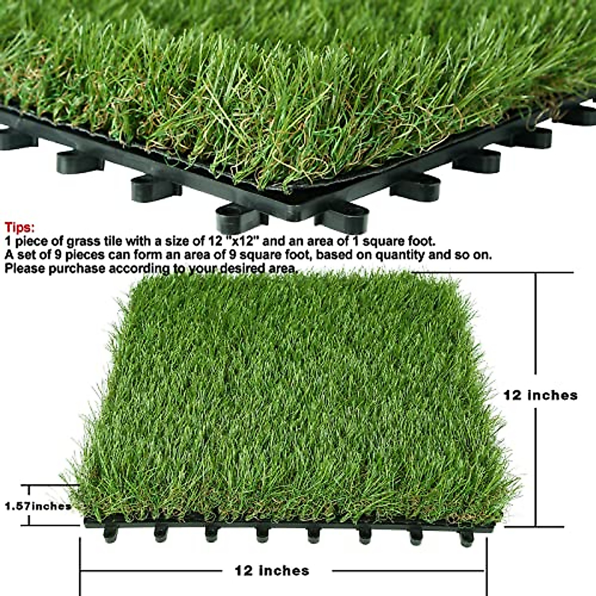 XLX TURF Artificial Grass Tiles Interlocking Turf Deck Set 9 Pack - 12"x12" Synthetic Fake Grass Self-draining Mat Flooring Decor Pad for Dog Pet Indoor Outdoor