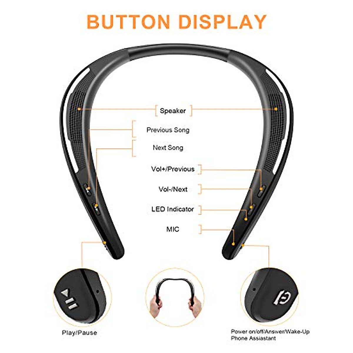 Neckband Portable Bluetooth Speakers, Wireless Wearable Speakers,Upgraded Bluetooth 5.0 Speaker with 3D Stereo Sound, Noise Cancelling Stereo Neckband Speakers for Home&Outdoor, Black