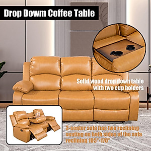 SIENWIEY Ginger Leather Reclining Sofa for Living Room Furniture, 3 Seater Sofa Double Recliner Couch with Drop Down Table/Two Cup Holders/Faux Leather
