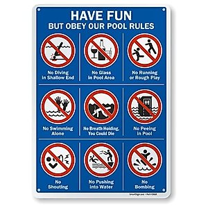 SmartSign 14 x 10 inch “Have Fun But Obey Our Pool Rules” Swimming Pool Metal Sign with Symbols, Screen Printed, 40 mil Laminated Rustproof Aluminum, Multicolor