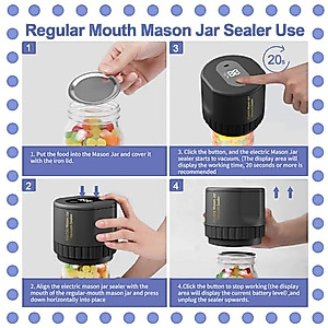 Kenwi Living Electric Mason Jar Vacuum Sealing Kit with Wide and Regular Mouth Lids, Vacuum Sealer for Canning Jars and Food Storage, 2024 Automatic Stop Version, Black