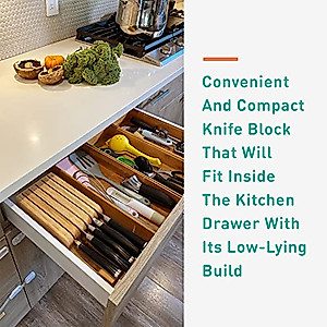 Bamboo Knife Block and In-Drawer Storage, Display Stand and Organizer, Holds to Five 8 Inch Knives, Hand Finished Sustainable Bamboo - 13.78 L x 5.4 W x 2.1 H Inches, Knives Not Included Gen 2