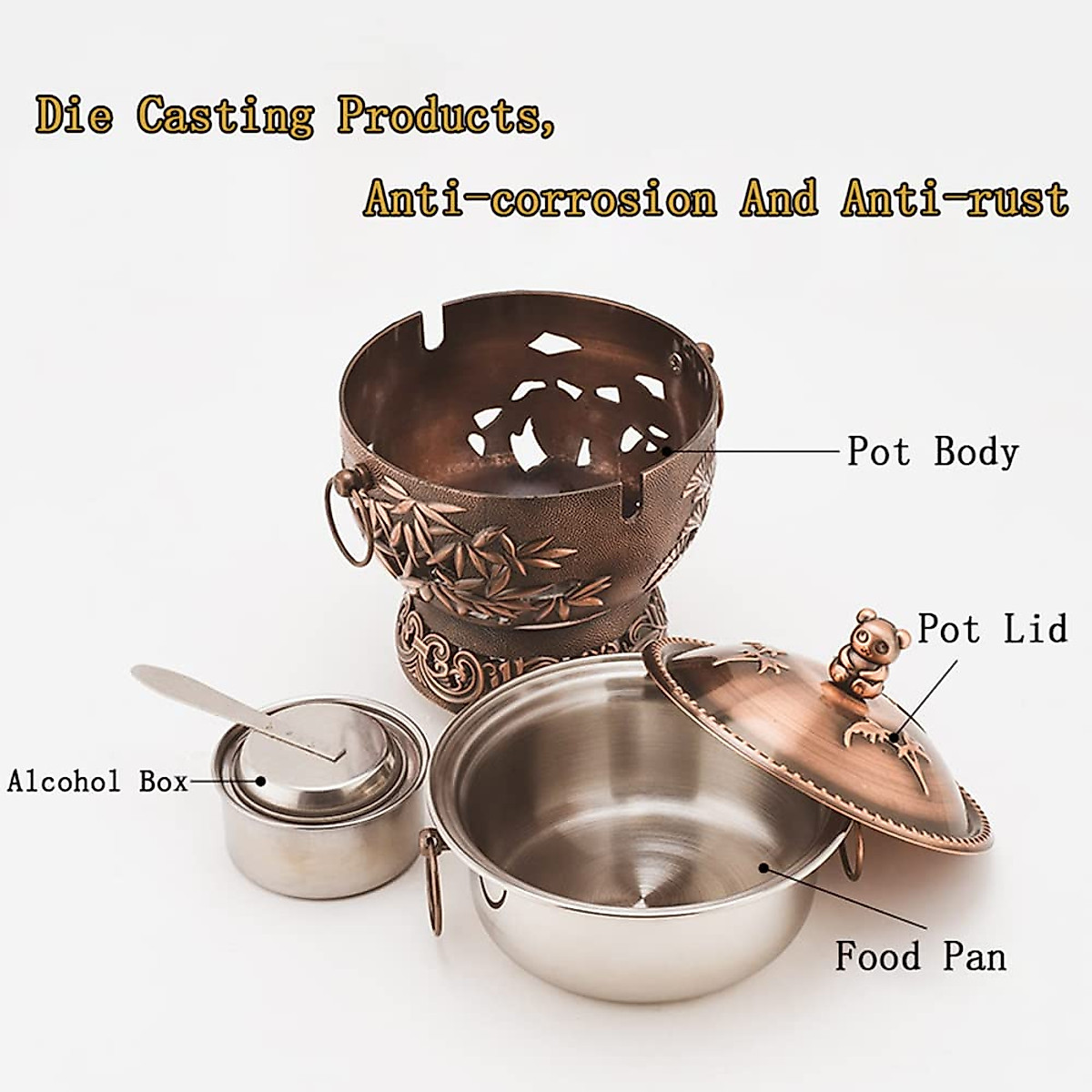 Mini Copper Hot Pot Stainless Steel Shabu Shabu Pot Cooker Alcohol Hotpot Cooking Pot Cookware Pan Single Chafing Dishes for Home Kitchen, Fuel Not Included,Bronze