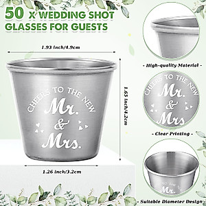 Uiifan Wedding Favors for Guests 1.5 oz Stainless Steel Shot Glasses Bulk Metal Cups Cards with Organza Bags Wedding Party Souvenirs Thank You Gifts for Guest (Cheers,50 Set)