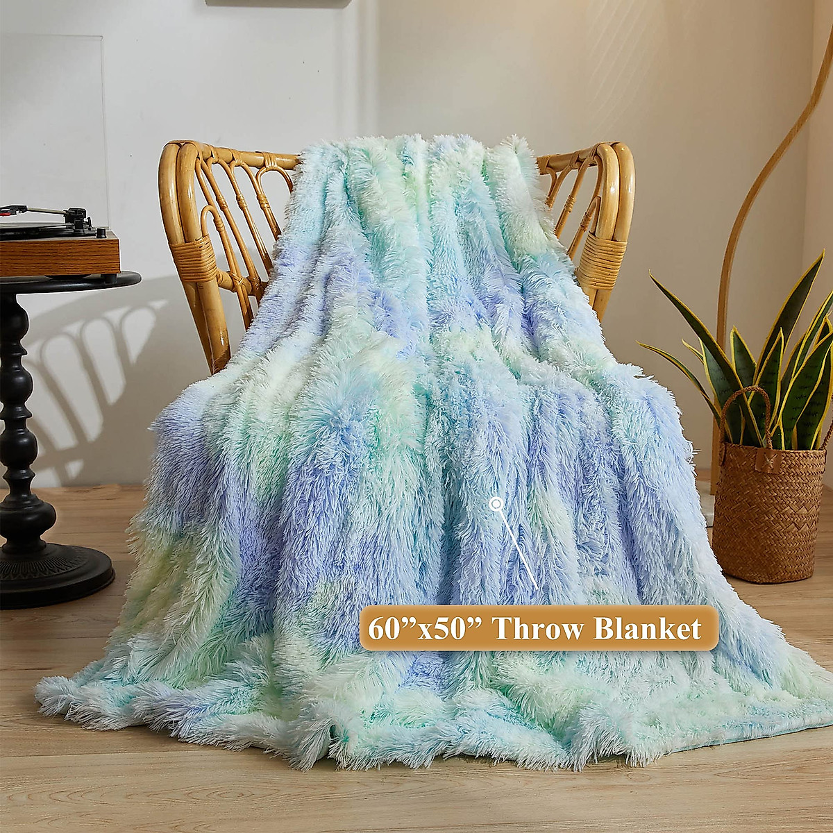 XeGe Plush Faux Fur Rainbow Throw Blanket, Tie Dye 50x60 Shaggy Furry Blanket Throw, Fluffy Microfiber Velvet Couch Blanket, Soft Colorful Fuzzy Lap Blanket for Girls Teens Women Kid Rainbow Blue