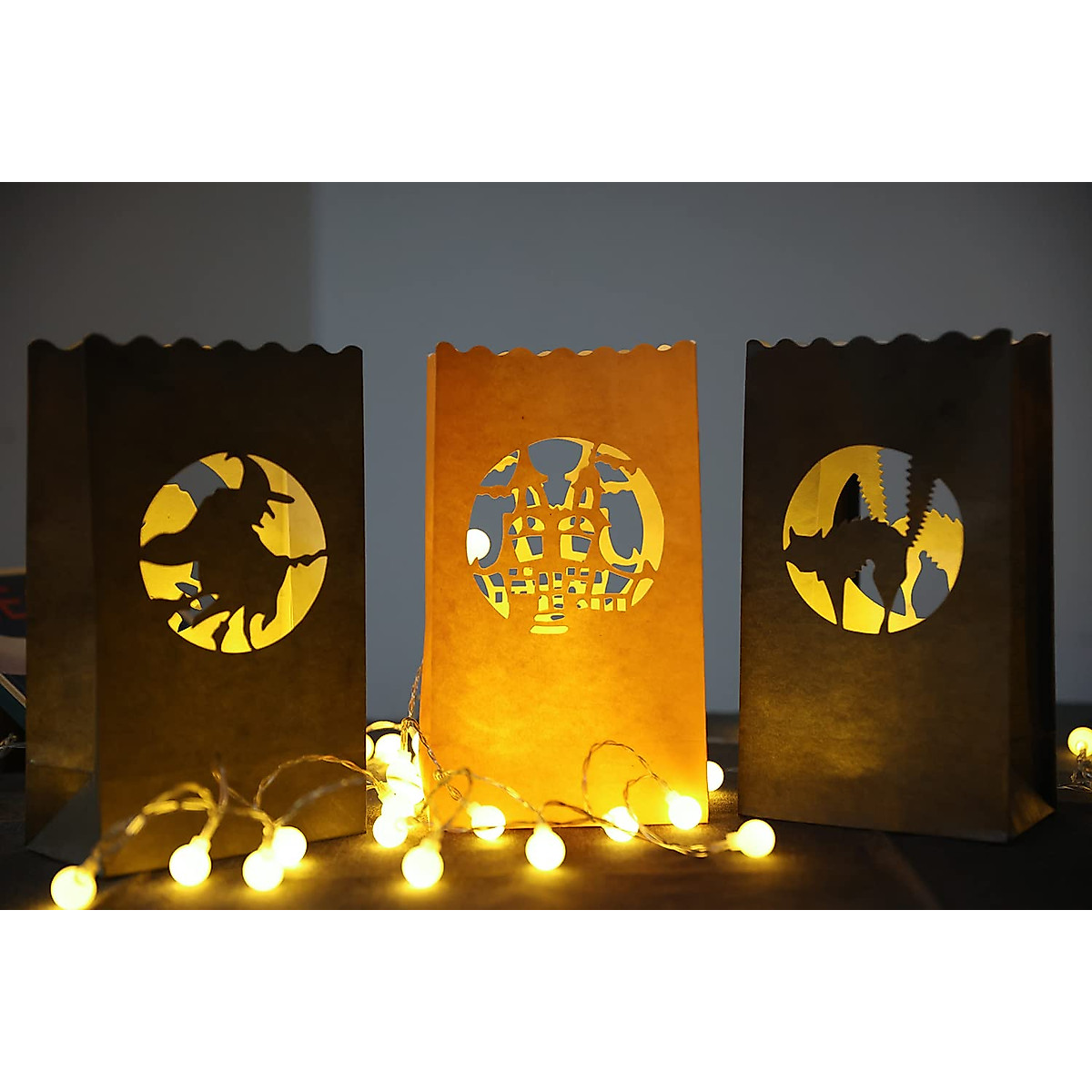 Stmarry 48 pcs Halloween Luminary Bags, Flame Resistant Luminaries, Orange and Black Tea Light Candle Bags - Witch, Black Cat Silhouette Decorations & Party Lanterns