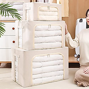 Clothes Storage Bag Foldable Storage Bin Closet Organizer Holder Container with Steel Frame Shelf Reinforced Handle Sturdy Clear Window For Quilt Clothing Blanket Pillow Shoe (M 66L)