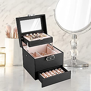 ProCase Jewelry Box for Girl Women Traveling, Ideal Gift Small 3 Layers Jewelry Organizer Display Storage Holder Case with Mirror Lock for Earrings Rings Necklaces Bracelets -Black