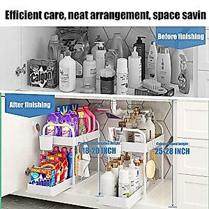 2 PACK Under Kitchen Sink Organizers and Storage, 2 Tier Under Sink Organizer for Bathroom Cabinet, Undersink Organizer Sliding Drawer with Hooks, Hanging Cup for Narrow Space By SMATHOM, White