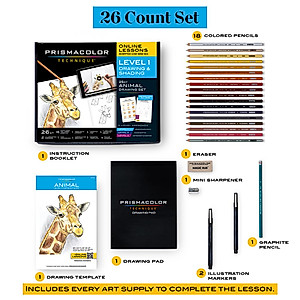 Prismacolor Technique, Art Supplies with Digital Art Lessons, Animal Drawings Set, Level 1, How to Draw Animals with Colored Pencils, Graphite Pencils, and More, Fox Drawing Lesson, 26 Count