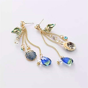 DAMLENG Sparkly Bohemia Long Tassel Blue Ocean Shell Dangle Earrings Shine Rhinestone Scallop Beach Earrings for Women Charm Statement Colorful Crystal Jewelry (Blue)