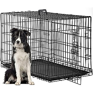 FDW Dog Crate Dog Cage Pet Crate for Large Dogs Folding Metal Pet Cage Double Door W/Divider Panel Indoor Outdoor Dog Kennel Leak-Proof Plastic Tray Wire Animal Cage (Black, 48 Inch)