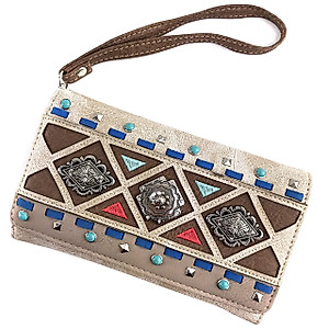 Zelris Colorful Native Tribal Patterns Concho Crossbody Wrist Trifold Wallet (Beige)