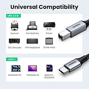 UGREEN USB B to USB C Printer Cable 3 FT Bundle with 6 FT USB B to USB C Printer Cable
