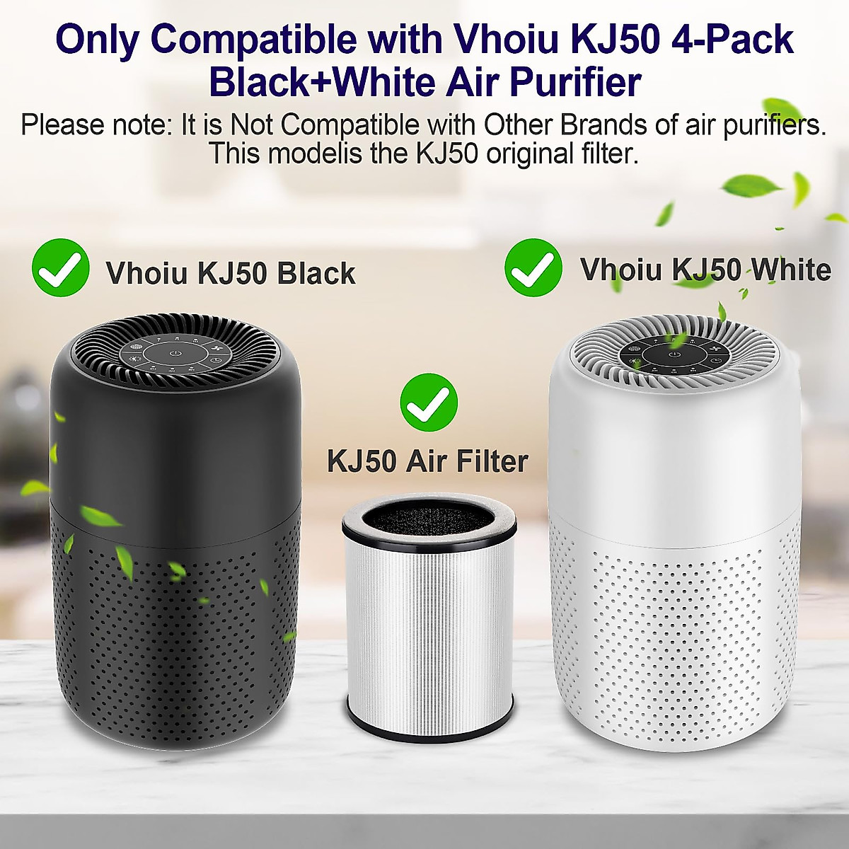 (4 PACK) KJ50 Replacement Filter Compatible with Vhoiu KJ50 Air Purifier Black/White, 360° Rotating 3-in-1 Filter of H13 True HEPA Filter, (Official Original Filter, Not Suitable for Other Models)