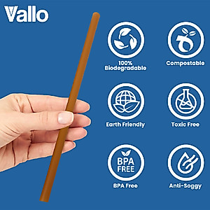 Vallo Compostable Drinking Straws - 100% Biodegradable, Recyclable, Non-Soggy, Suitable for Hot and Cold Drinks, Eco-friendly Sugarcane Material, NOT Paper, 8" Standard Size - 100 Count