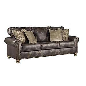 Signature Design by Ashley Nicorvo Traditional Faux Leather Sofa with Gold Nailhead Trim, Brown