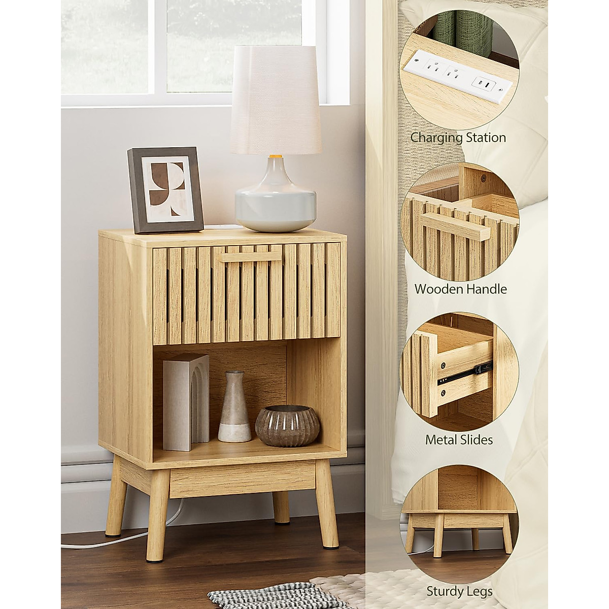 Aobafuir Wood Nightstand, Night Stand for Bedroom, Bedside Table with Drawers, Farmhouse End Table with Storage for Living Room (Retro)