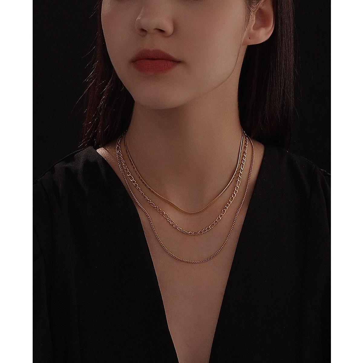 Elegance 11 designs 14k Gold Layered Herringbone Figaro Chain Necklaces Set For Women Real Gold Plated Stainless Steel Choker Flat Snake Chain Gold Non Tarnish Jewelry For Women