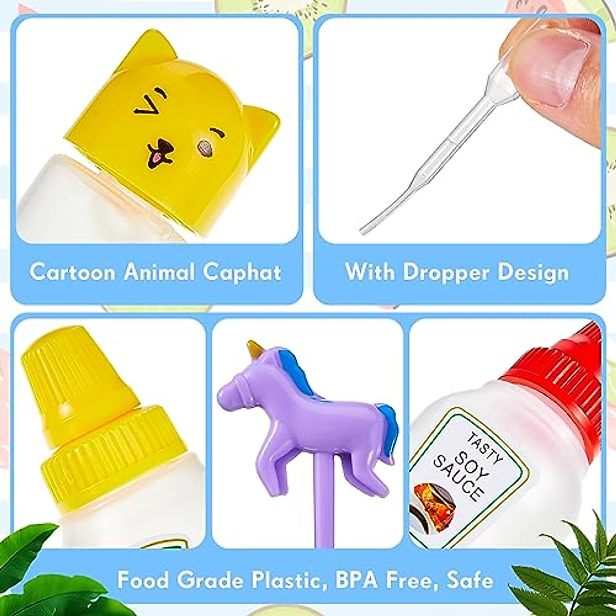 26 Pcs Lunch Bento Soy Sauce Case Container 5 Mini Plastic Condiment Squeeze Bottles Cute Kids Lunch Accessories with Dropper 20 Animal Food Picks for Honey Salad Sauces Oil Ketchup (Vivid Style)