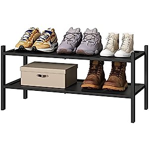 kiplant 2-Tier Black Bamboo Shoe Rack, Stackable Bamboo Wood Shoe Rack for Closet, Entryway & Hallway