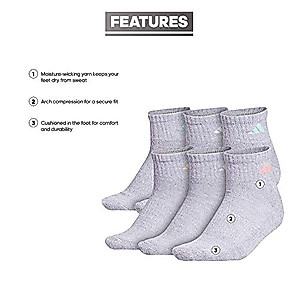 adidas Women's Athletic Cushioned 6-Pack Quarter, Grey/Bliss Pop/Clear Mint, M