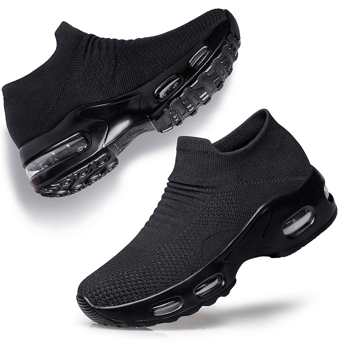 Womens Walking Shoes Sock Casual Ladies Fashion Sneakers Slip On Air Cushion Platform Workout Zapatos para Mujer All Black 8.5
