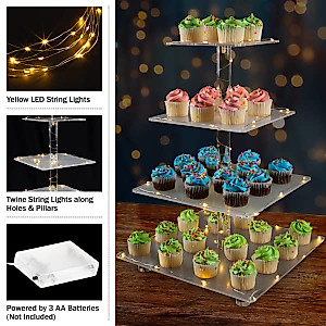 4-Tier Cupcake Stand - Square Acrylic Display Stand with LED Lights for Birthday, Tea Party, or Wedding Dessert Tables by Great Northern Popcorn
