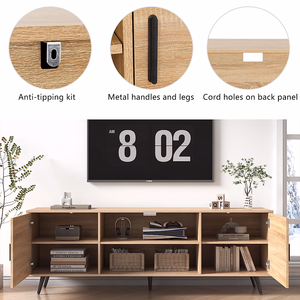 AUXSOUL Mid Century Modern TV Stand - 70" for 75" TV, Wood with Storage, Entertainment Center for Living Room & Bedroom, Media Console, Oak