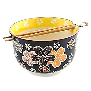 Hinomaru Collection Multi Purpose Ramen Udon Soba Pho Noodle Donburi Rice Tayo Bowl with Chopsticks Gift Set 6.25 Inch Diameter (Floral Stamp)