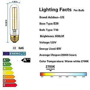 Adshen-US T10 LED Tubular Light Bulbs,Warm White 2700K,6W Dimmable Tube Vintage Led Filament Bulbs 60 Watt Equivalent,E26 Medium Base,LED Edison Bulb for Desk Lamp,Pendant Lights,4-Pack