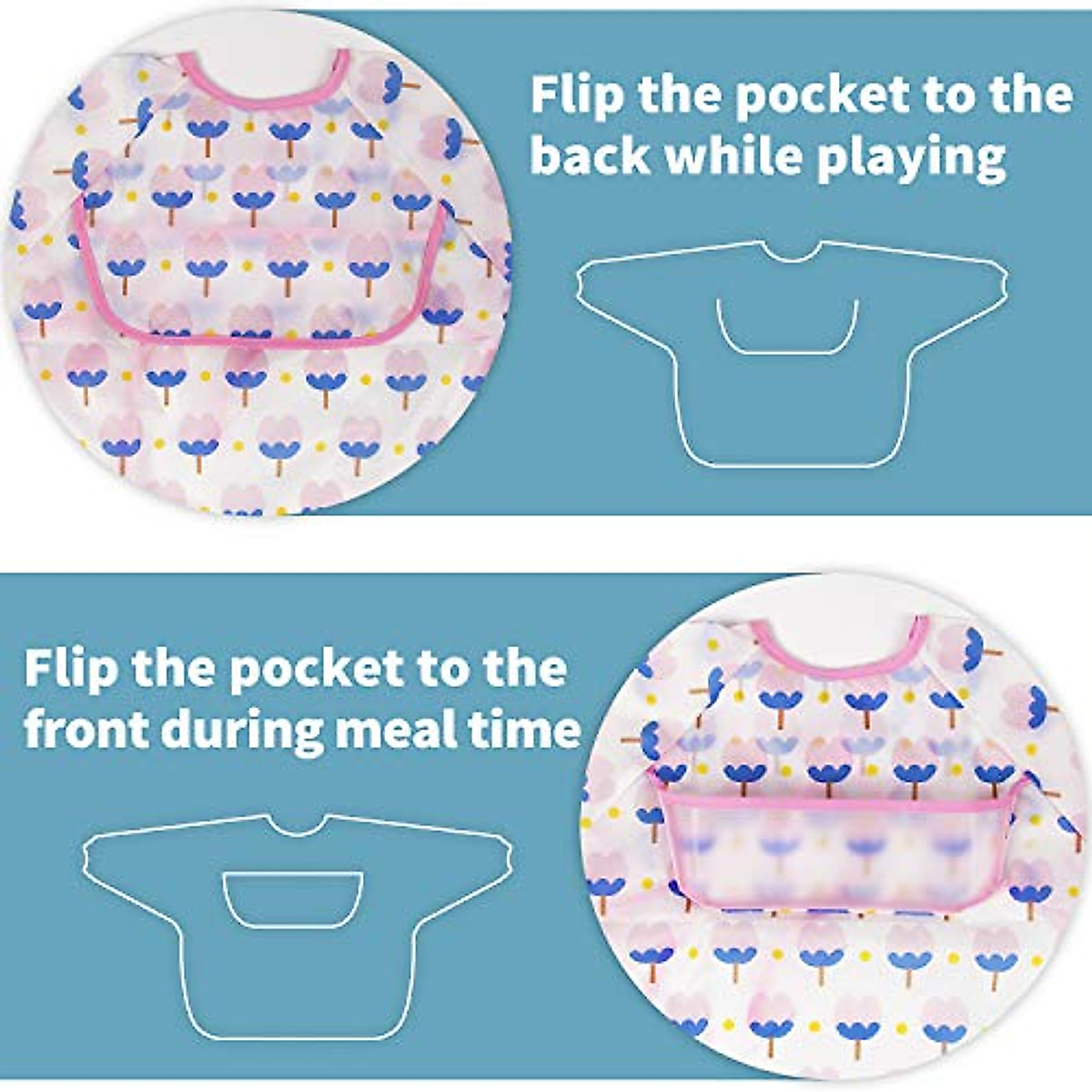 3 Pcs Long Sleeved Bib Set | Baby Waterproof Bibs with Pocket Bundle | Toddler Bib with Sleeves and Crumb Catcher | Stain and Odor Resistance Play Smock Apron - Pack of 3 | 6-24 Months