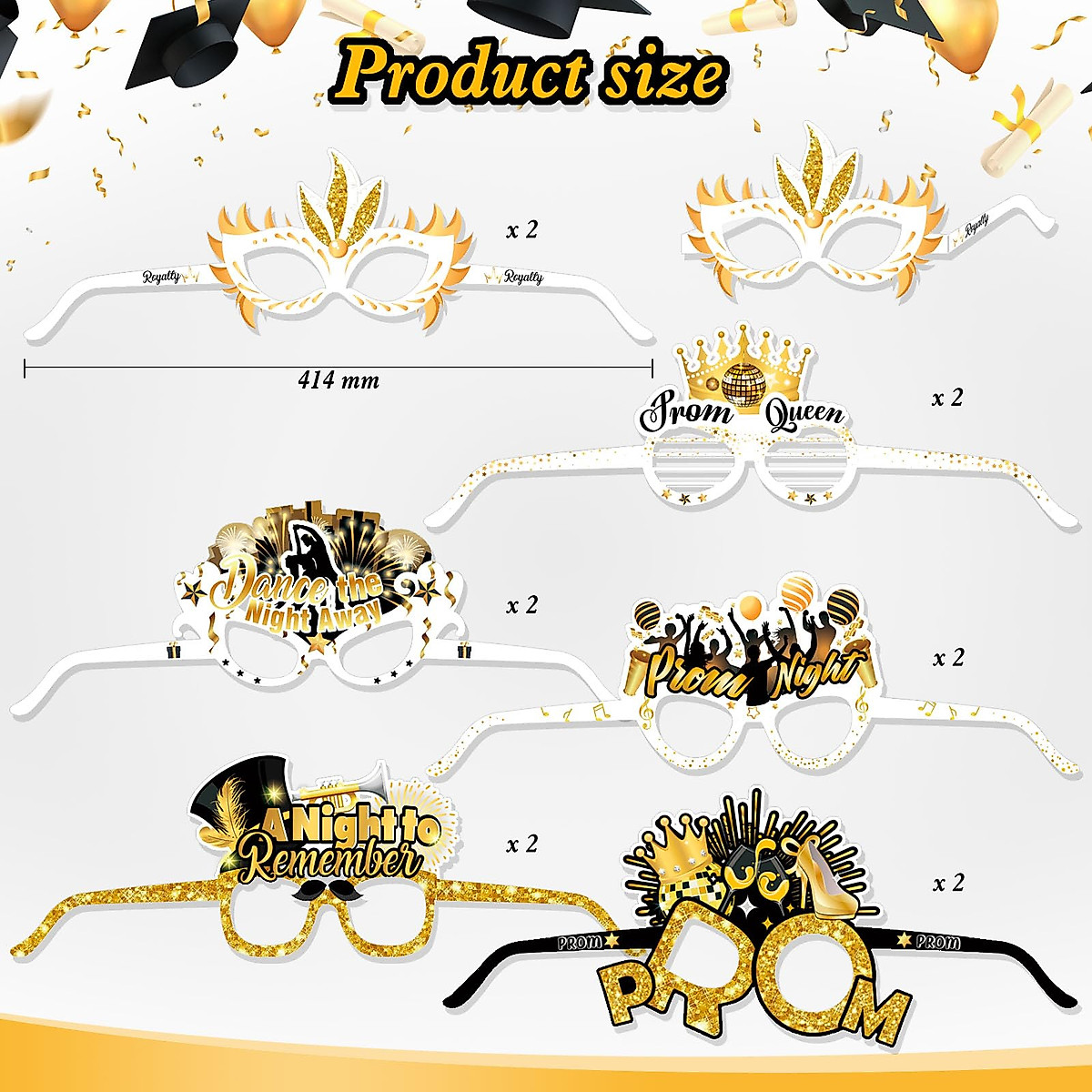 HOWAF 26 pack Prom Night Photo Booth Props Party Glasses, Black Gold Glitter Prom 2024 Photo Booth Paper Glasses Frames for 2024 Graduation Prom Party Supplies, Prom Night Eyewear Prom 2024 Eyeglasses