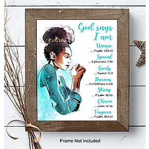 Bible Verse Wall Art & Decor - African American Women - God Says You Are - Inspirational Motivational Poster - Religious Christian Scripture Encouragement Gifts - Black Girls Bedroom - Blue - 8x10