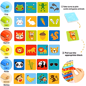 TOOKYLAND Colored Wooden Blocks Stacking Board Games Tumble Tower Games with Animal Pictures for Kids Boys Girls - 80 Pieces