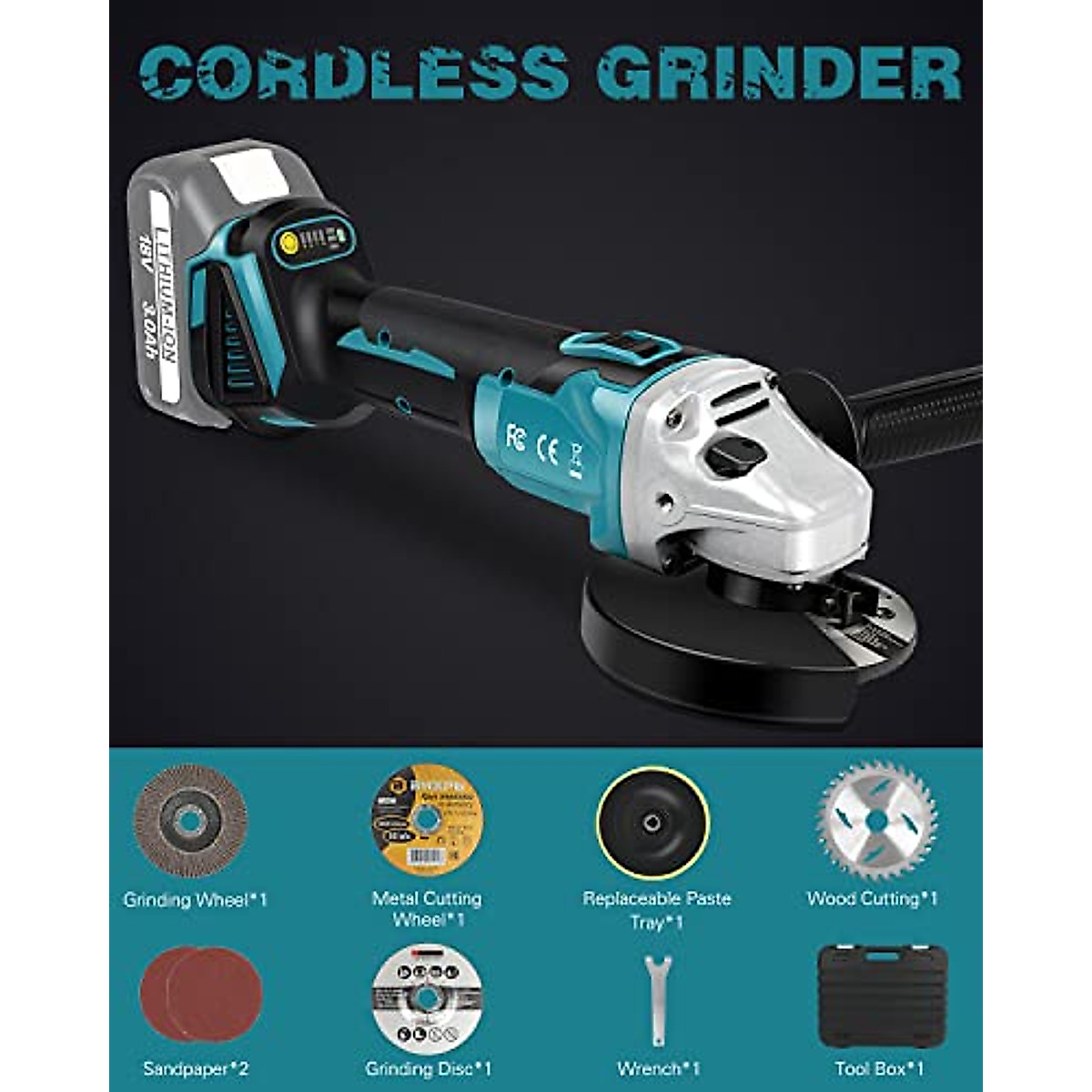 4 1/2 Cordless Angle Grinder, [2-Pack 18V 5.5 Ah Battery Included] Mini Powered Angle Grinder, Tool Kit with Handle, Grinding Wheel, Cutting Wheel, Flap Disc and Carving Disc