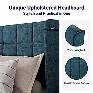 Allewie King Size Platform Bed Frame with Wingback, Upholstered Square Stitched Headboard and Wooden Slats, Mattress Foundation, Box Spring Optional, Easy Assembly, Dark Blue