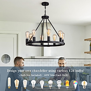 9MMML 23.6" 8 Lights Wagon Wheel Chandelier,Black Metal Round Industrial Vintage Kitchen Island Pendant Light for Living Dining Room Foyer Entryway,Height Adjustable,E26.