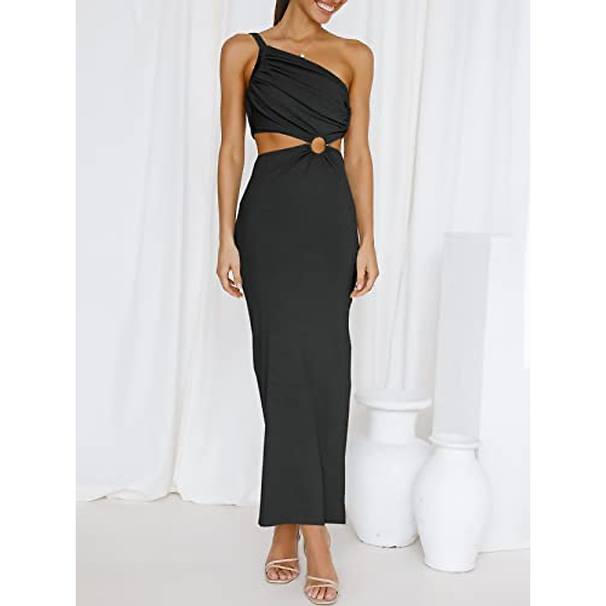 ANRABESS Women’s Summer Sexy Bodycon Maxi Gradution Dress 2023 Prom Dresses One Shoulder Sleeveless Sexy Cut Out Formal Cocktail Party Dress 765heise-L Black