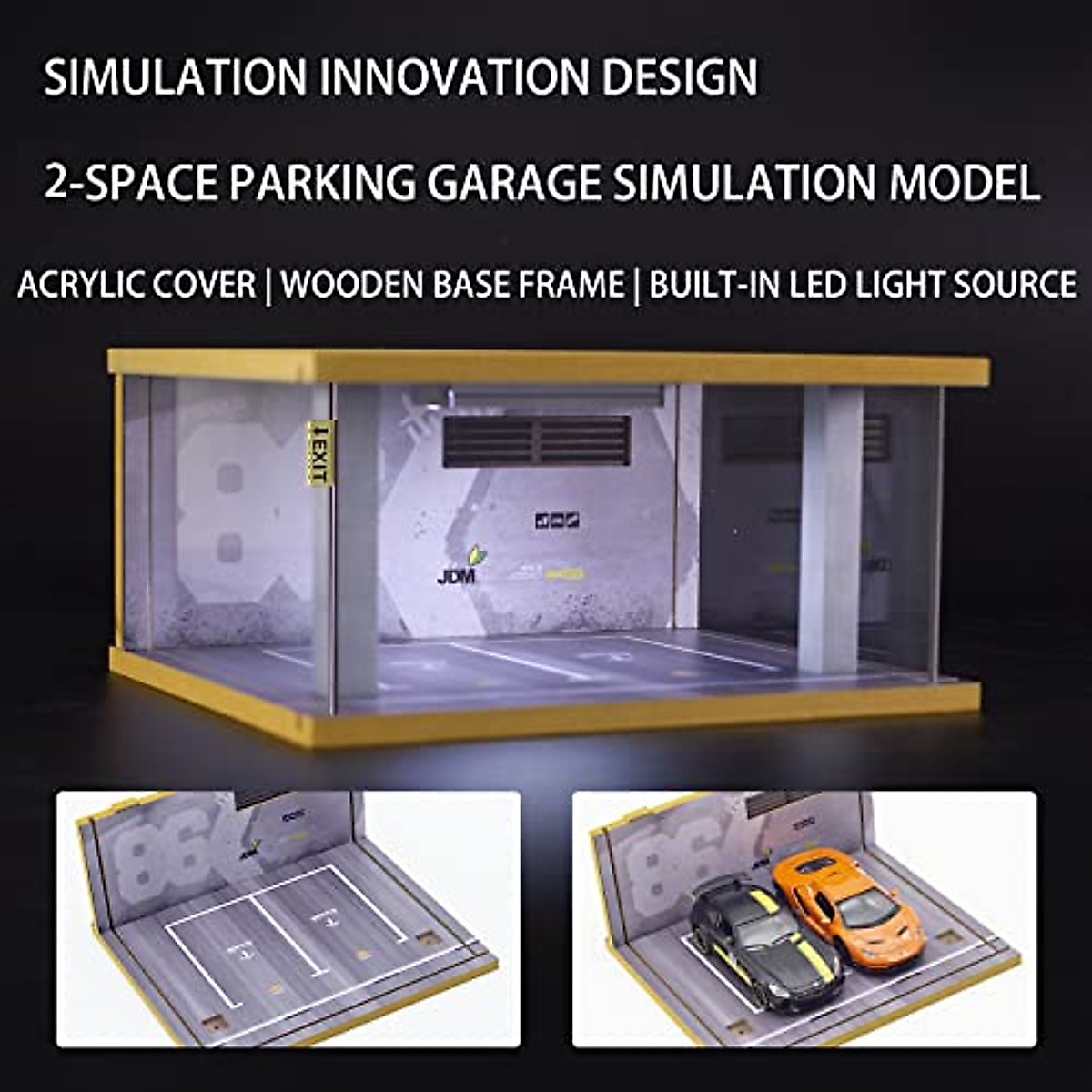SIKIVOT 1：32 Car Display Case，Diecast Garage Scene Display， Scale Garage Display Case，2 Parking Space with LED Light and Acrylic Cover (7332Number 86)