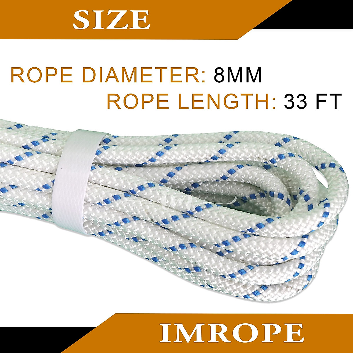IMROPE 8mm Braided Polyester Rope Great for Clothes Line Drying and Swing, 7-Core Design, Durable and Strong for Indoor and Outdoor Use (White with Blue, 33 Feet)