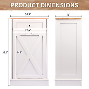 TOLEAD Tilt Out Trash Cabinet,Antique-Style Barn Door Kitchen Island with Solid Wood Tabletop & Drawer, Pet Proof Trash Can, Wood Laundry Cabinet（White）