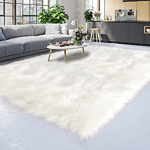 Latepis Faux Fur Sheepskin Rug for Living Room, 4x6 Fluffy Washable Rug for Bedroom, Playroom, Luxury Room Decor, White, Rectangle