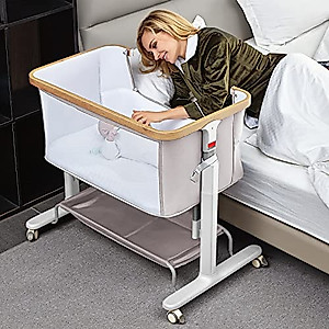 RONBEI Baby Bassinet Bedside Sleeper, Bedside Bassinet with Storage Basket and Wheels, Easy Folding Bassinets Bedside Cribs for Baby/Infant/New Borns
